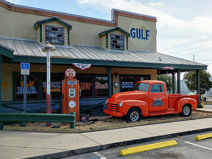 That classic roadside charm never gets old! The vintage orange pickup and retro gas pump welcome you to Cody's like old friends waiting to share stories.
