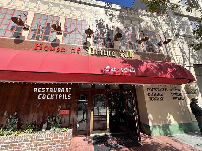The iconic red awning of House of Prime Rib stands as a beacon of carnivorous delight on Van Ness Avenue, promising timeless indulgence within.