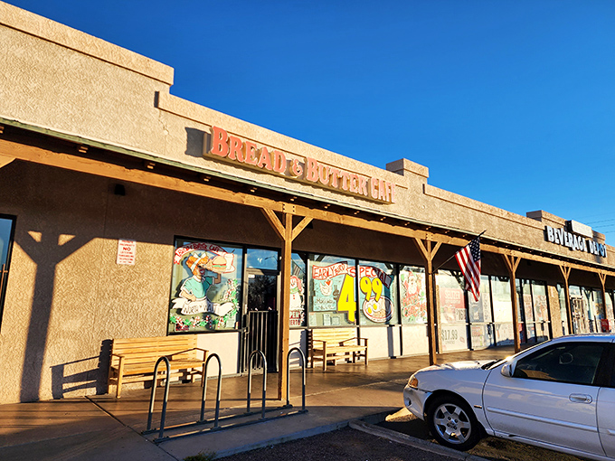 The desert sun casts dramatic shadows on this unassuming strip mall treasure. Like all great diners, Bread & Butter Cafe proves extraordinary food often hides behind ordinary facades.