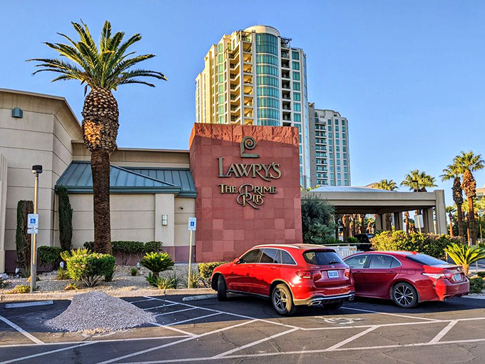 The iconic terracotta facade of Lawry's stands proudly against the Vegas sky, promising carnivorous delights within—a meaty oasis amid the neon desert.