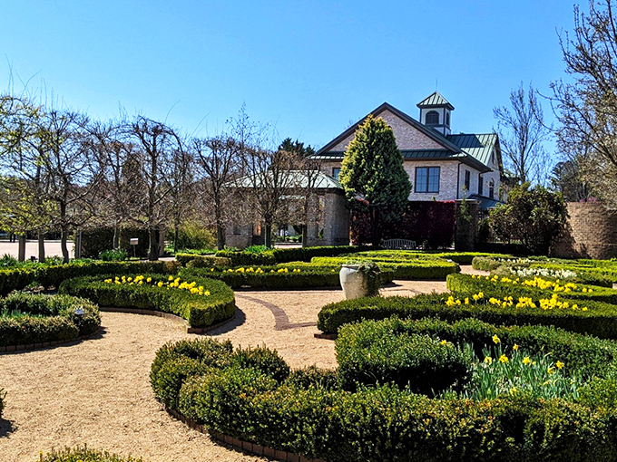 The elegant brick visitor center stands sentinel over a geometric paradise of boxwood hedges and golden daffodils&mdash;nature's version of architectural perfection.