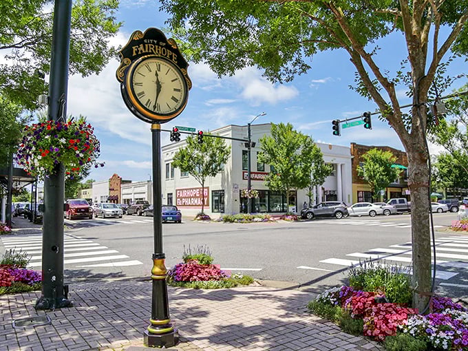 Fairhope's iconic downtown clock stands like a cheerful timekeeper, reminding visitors they've entered a place where minutes pass a little more sweetly.