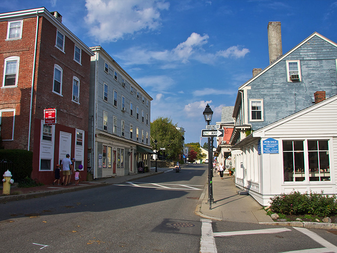 Colorful colonial buildings line Marblehead's historic streets, where time seems to slow down and history whispers from every corner.