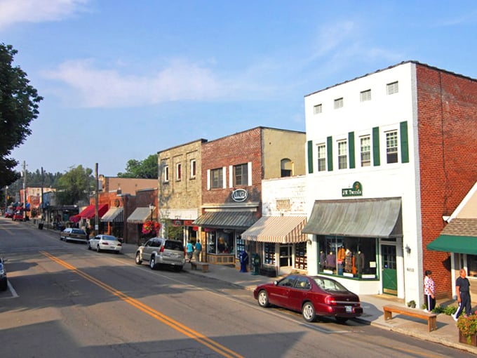 Main Street Blowing Rock welcomes visitors with its colorful flower displays and charming storefronts. Small-town magic with big mountain views.
