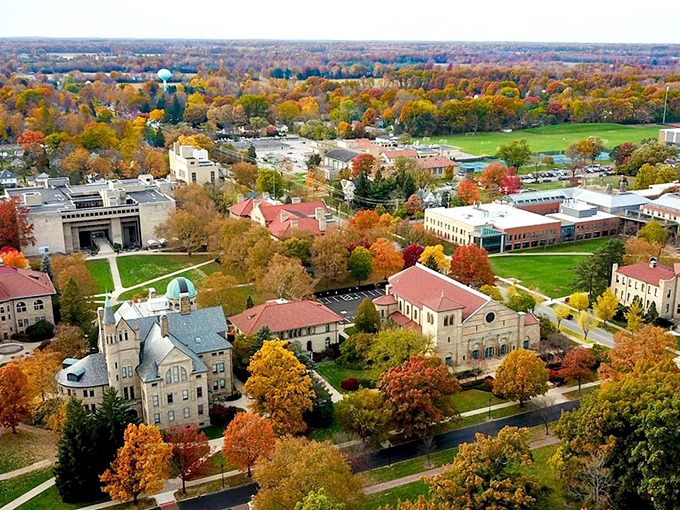 Autumn transforms Oberlin College's campus into a painter's palette of reds and golds. From above, you can see why this academic village captivates visitors in every season.