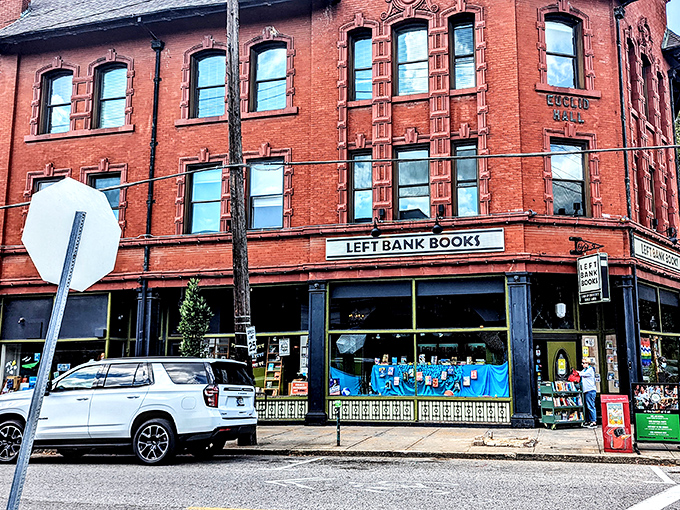 The gorgeous brick facade of Left Bank Books stands like a literary fortress in St. Louis' Central West End, promising adventures between covers instead of passport stamps.
