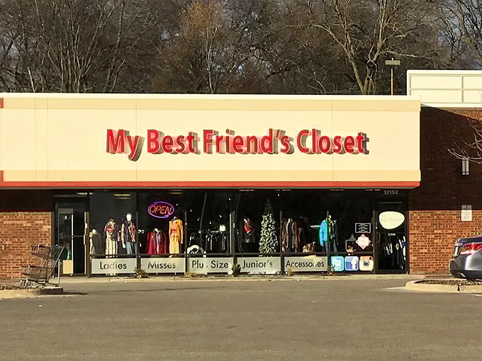 The unassuming storefront of My Best Friend's Closet beckons like a siren song to bargain hunters. Fashion treasures await behind that cheerful red signage.