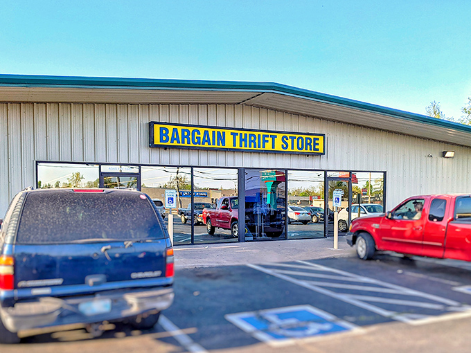 The unassuming facade of Bargain Thrift Store beckons like a siren song to treasure hunters. Behind those glass doors, adventures await.
