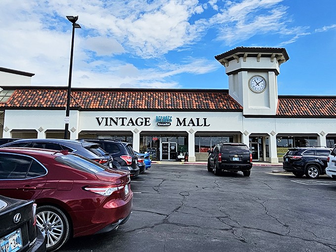 With its Spanish-inspired roof and stately clock tower, Decades Revisited looks less like a vintage mall and more like a time machine disguised as a building.