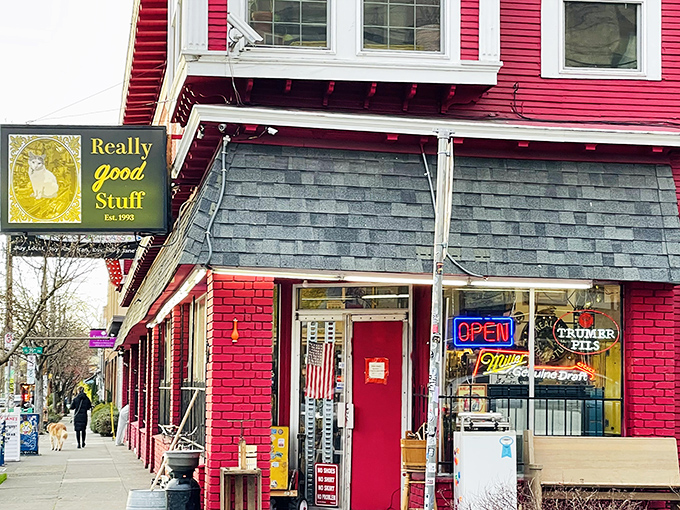 The crimson facade of Really Good Stuff beckons like a vintage siren, complete with classic red wagon and nostalgic storefront charm that screams "treasures inside!"