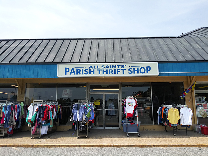 The iconic yellow bell tower of All Saints' Parish Thrift Shop stands like a lighthouse, guiding bargain hunters to this treasure-filled haven on Coastal Highway.