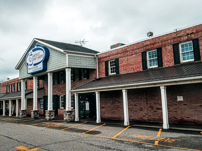 The colonial-style facade of Hartville Thrift Shoppe promises treasure hunting adventures behind those brick walls. Like a secondhand Narnia, it beckons bargain seekers from across Ohio.