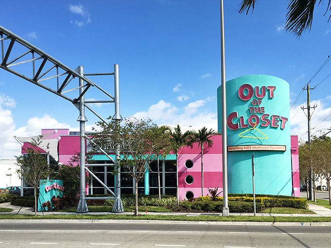 Pink and teal and utterly surreal! This thrift store's exterior is like a Miami Vice fever dream come to life.