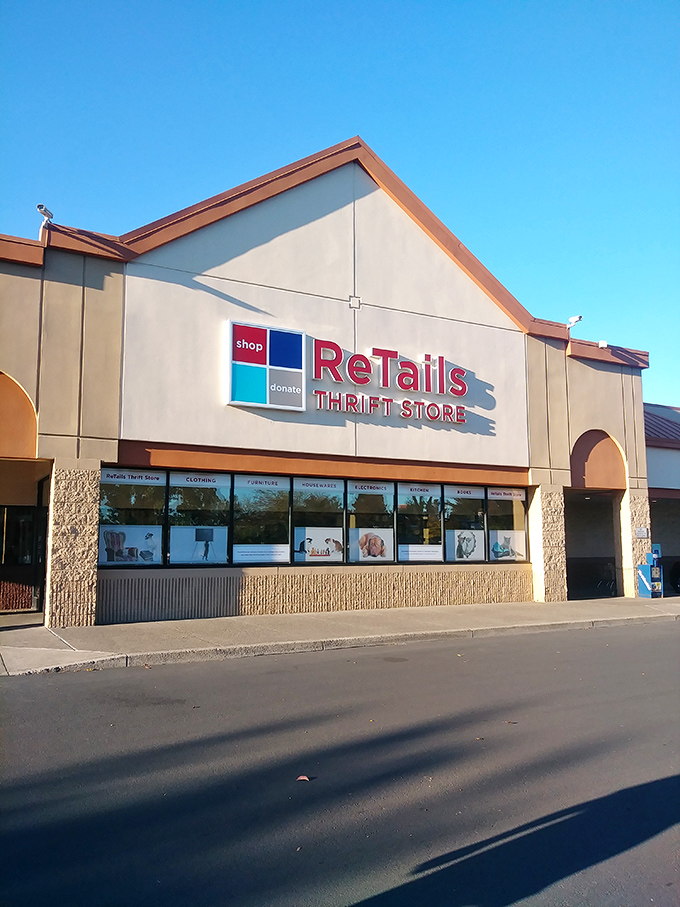 A rainbow arches over ReTails Thrift Store like nature's own "Grand Opening" banner, promising treasures at the end of your bargain-hunting journey.
