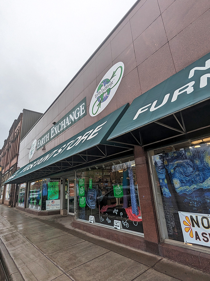 Welcome to the Emerald City of thrift! Earth Exchange's storefront promises a treasure trove of pre-loved wonders, with a dash of Van Gogh for good measure.