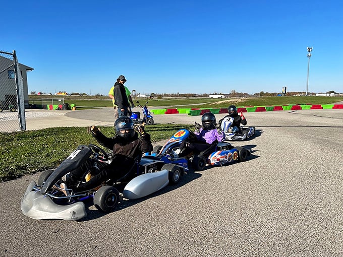 Where speed dreams are born! Racers navigate the pristine curves of New Castle's world-class track under Indiana's endless blue skies.