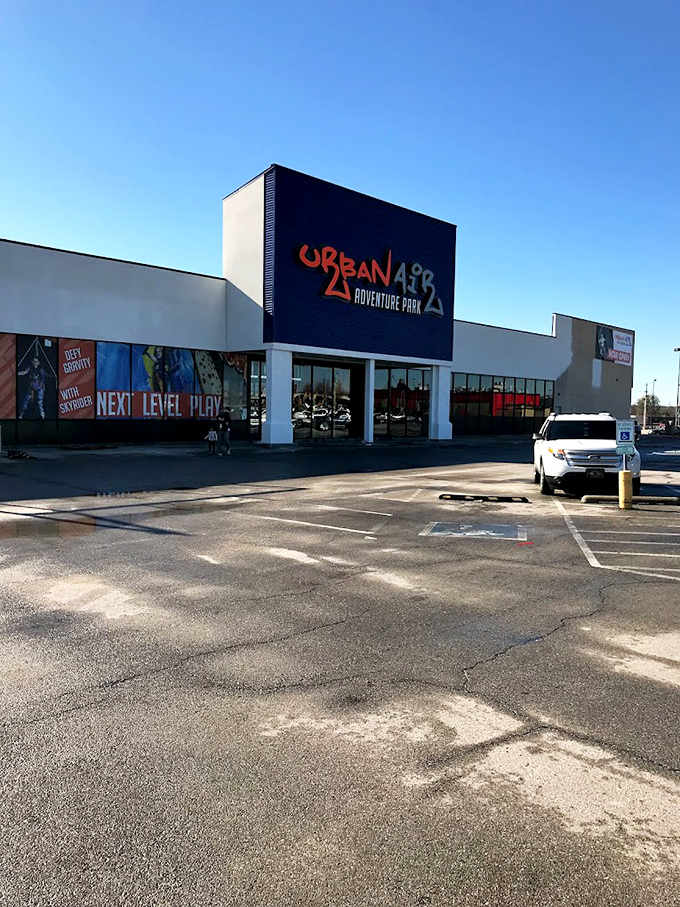 The bold Urban Air signage stands out against the Oklahoma sky, promising adventure that doesn't involve dodging tumbleweeds or oil derricks.