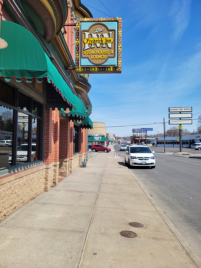 The brick facade and vintage sign of Frederick Inn stand as a culinary landmark in St. Joseph, where time slows down and appetites grow.
