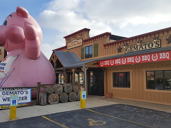 The golden facade of Gemato's stands like a beacon of barbecue hope on an ordinary suburban street. No fancy frills, just the promise of smoky delights within.