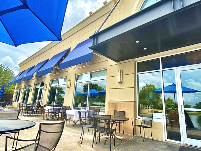 Newport Grill's exterior welcomes you with cheerful blue umbrellas and a sunny patio&mdash;like the Mediterranean coast decided to vacation in Kansas.