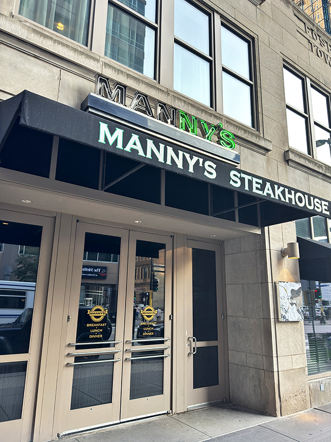 A beacon of beefy bliss! Manny's Steakhouse stands tall in downtown Minneapolis, promising carnivorous delights that'll make your taste buds do a happy dance.