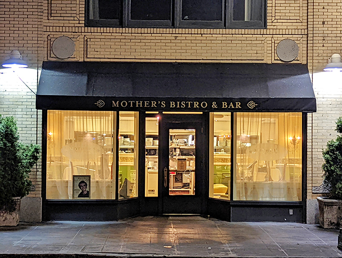 The elegant marquee of Mother's Bistro welcomes you like an old friend who happens to live in a really fancy house.