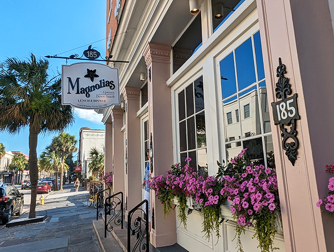 Magnolias' pink façade stands like Charleston's culinary equivalent of a Southern belle—graceful, inviting, and hiding delicious secrets behind those elegant windows.