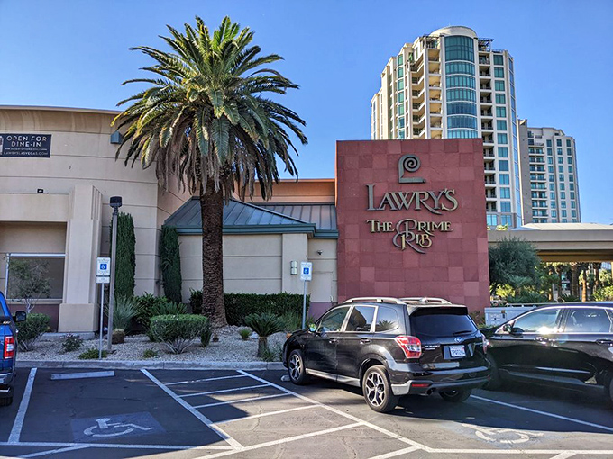 The iconic terracotta facade of Lawry's stands proudly against the Vegas sky, promising carnivorous delights within&mdash;a meaty oasis amid the neon desert. 