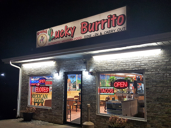 The unassuming exterior of Lucky Burrito glows like a beacon of hope for hungry travelers. Sometimes the best treasures hide in plain sight.