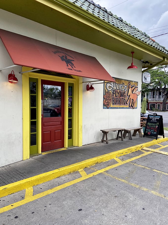 The neon glow of Juan's Flying Burrito beckons hungry travelers like a lighthouse for the flavor-starved. Outdoor seating perfect for people-watching on warm New Orleans evenings.