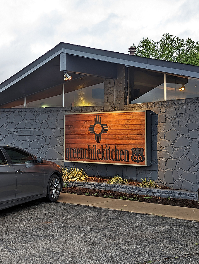 The sun-bleached Route 66 sign against stone and wood tells you everything &ndash; authentic southwestern flavors await behind these doors. 