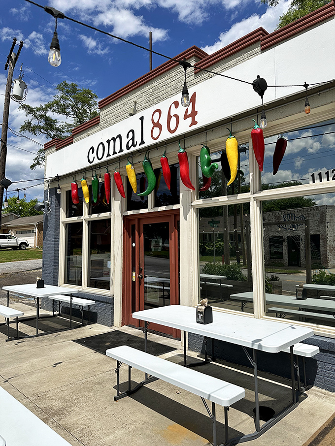 The colorful chili pepper garland hanging above Comal 864's entrance isn't just decoration&mdash;it's a preview of the flavor fiesta waiting inside.