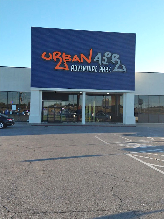 The bold Urban Air signage stands out against the Oklahoma sky, promising adventure that doesn't involve dodging tumbleweeds or oil derricks.