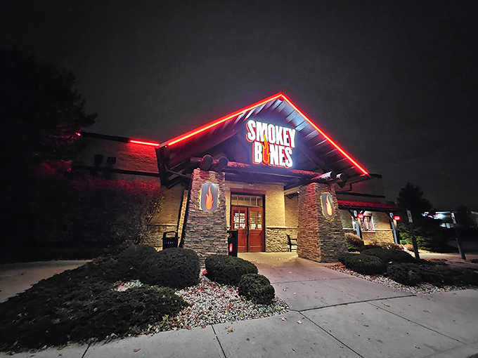 The barbecue beacon of Grove City stands ready to welcome hungry pilgrims with its rustic stone facade and signature red roof.