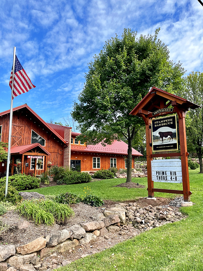 The red-roofed rustic charm of Stampede Barbecue stands like a cathedral to smoked meats, beckoning hungry pilgrims from across Pennsylvania's rolling countryside.
