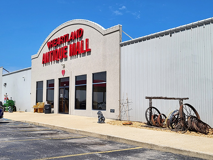 The bright red signage against a clear blue Missouri sky promises treasures within &ndash; your first clue that normal shopping rules don't apply here. 