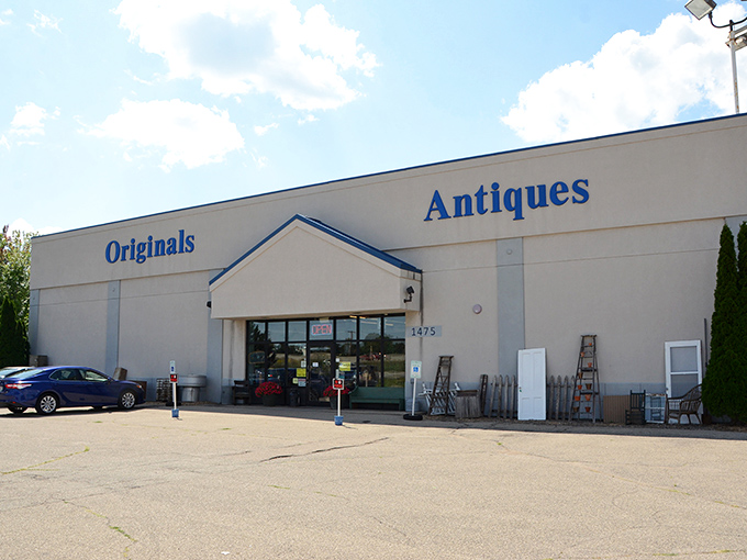 The unassuming exterior of Originals Mall of Antiques in Oshkosh &ndash; where Wisconsin's most fascinating time capsule hides in plain sight.
