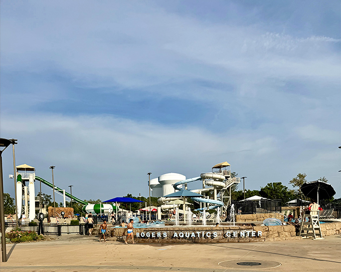 The aquatic wonderland where Arkansas goes to pretend it's oceanfront property. Those white and blue slides promise the kind of adrenaline rush usually reserved for tax audits.