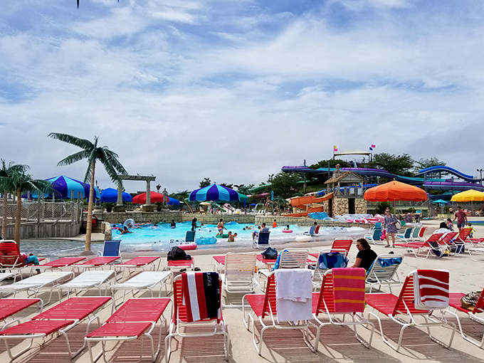 A tropical paradise in the heart of Delaware &ndash; Jungle Jim's aerial view reveals a wonderland of winding slides, sparkling pools, and colorful umbrellas.