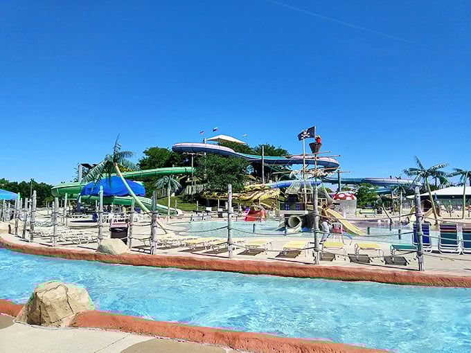 A tropical paradise in the heart of Delaware &ndash; Jungle Jim's aerial view reveals a wonderland of winding slides, sparkling pools, and colorful umbrellas.