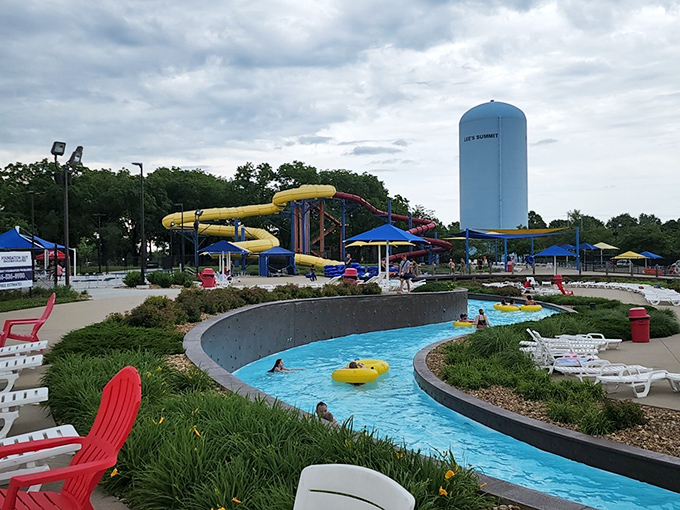 Colorful water slides twist against the Missouri sky like a tangle of primary-colored pasta, promising thrills that'll make adults question their life choices&mdash;gloriously.