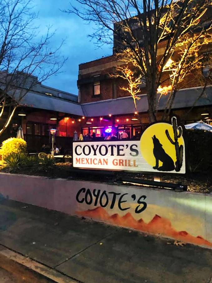 The iconic diamond-shaped sign of Coyote's Mexican Grill stands like a beacon of culinary promise against the Georgia sky. Brick patio, check. Umbrella tables, check. Enchilada paradise, double check.