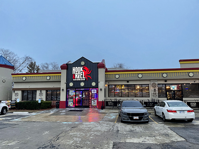The nautical-themed exterior of Hook & Reel stands like a lighthouse for seafood lovers in landlocked Kansas, complete with those charming porthole windows.