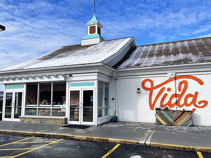 The unassuming exterior hides a culinary fiesta within&mdash;like finding a perfect beach behind an ordinary door, Vida Cantina's vibrant orange script promises adventure.