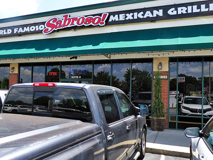 The teal awning and bold red lettering of Sabroso Mexican Grille beckon like a delicious mirage in the Greenville dining landscape. 