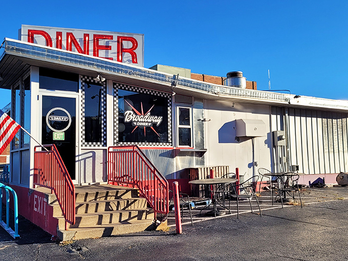 The classic American diner dream in white and red, Broadway Diner stands proudly against the Missouri sky like a beacon for breakfast pilgrims.