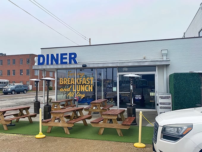 That iconic blue "DINER" sign isn't just advertising—it's a morning beacon of hope for the breakfast-deprived souls of Oklahoma City.