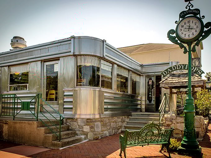 The classic stainless steel exterior of Daddypops gleams in the Pennsylvania sunshine, a time capsule of Americana waiting to serve up breakfast dreams. 