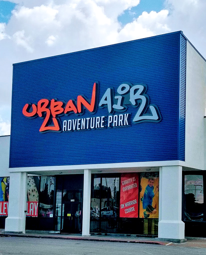 The bold Urban Air signage stands out against the Oklahoma sky, promising adventure that doesn't involve dodging tumbleweeds or oil derricks.