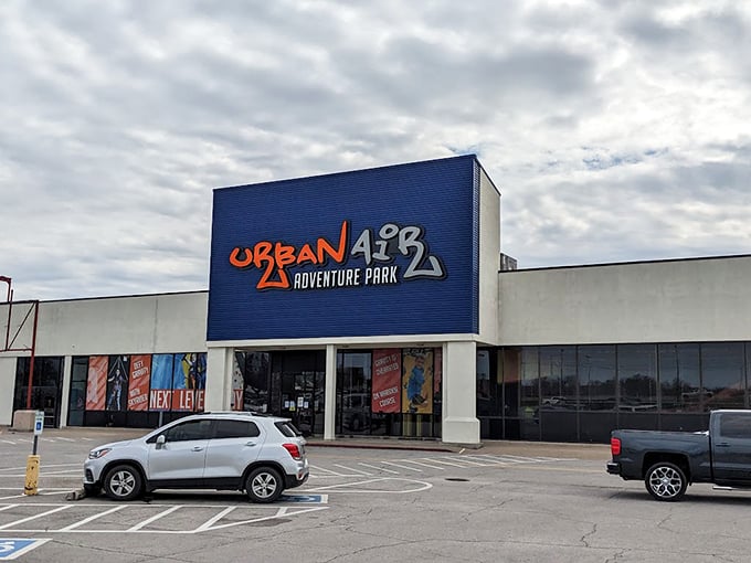 The bold Urban Air signage stands out against the Oklahoma sky, promising adventure that doesn't involve dodging tumbleweeds or oil derricks.